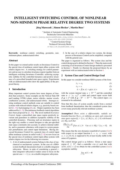 pdf intelligent switching control of nonlinear non minimum phase