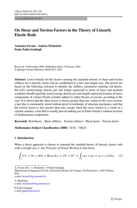 Pdf On Shear And Torsion Factors In The Theory Of Linearly Elastic Rods