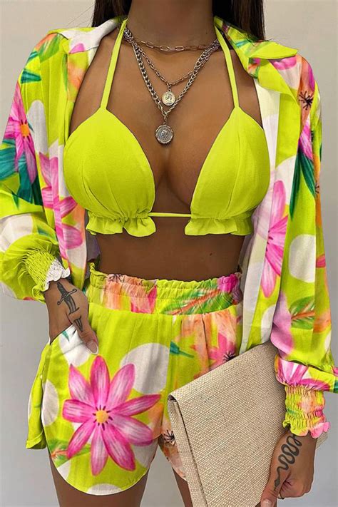Wholesale White Sexy Print Patchwork Turndown Collar Long Sleeve Three Pieces K46489 1 Online
