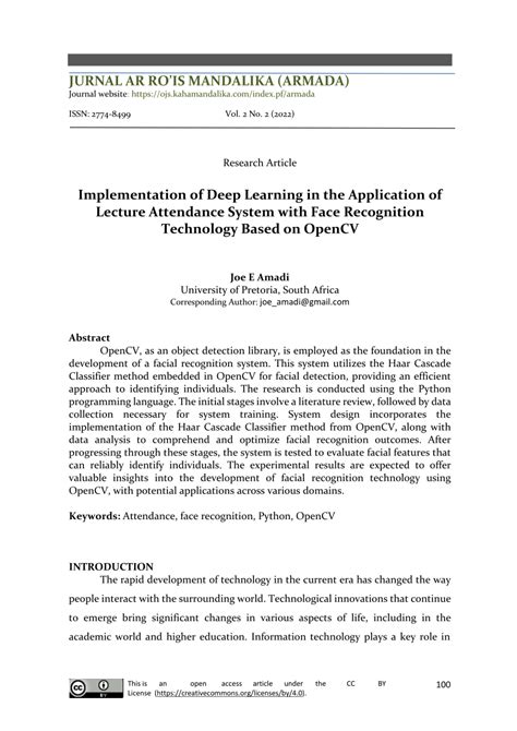 Pdf Implementation Of Deep Learning In The Application Of Lecture Attendance System With Face