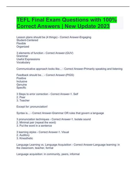 Tefl Final Exam Questions With 100 Correct Answers New Update 2023 Tefl Stuvia Us