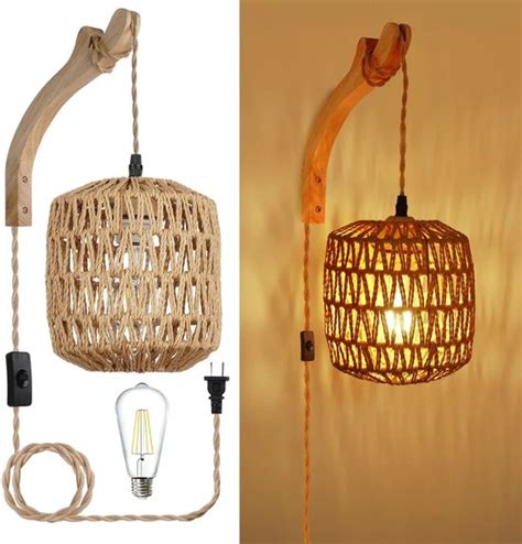 Lantaarn Wandlamp Handgeweven Natuurlijke Rotan And Touw Gevlochten Wandlamp Met E27 Bol