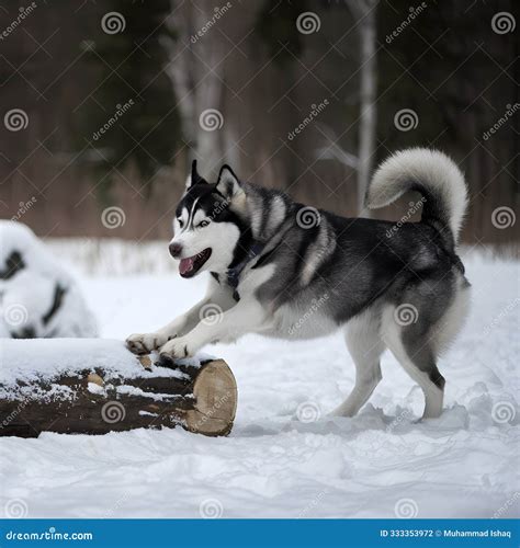 Colgando En Un Tronco De Nieve Una Hocica Siberiana Adulta Tira Con