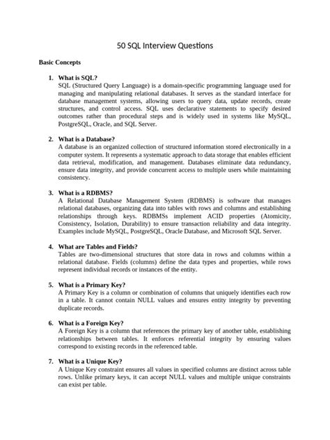 50 Essential Sql Interview Questions Pdf Relational Database