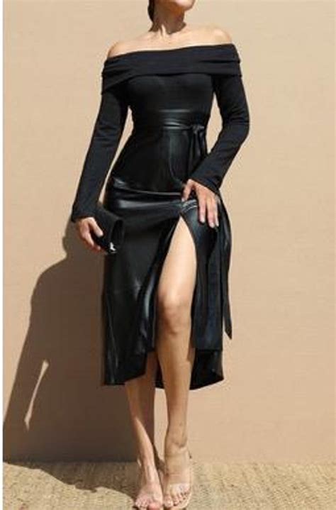Black Off The Shoulder Faux Leather Dress Etsy