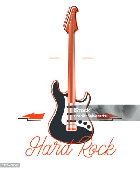 하드 록 과 헤비 메탈 엠블럼 또는 로고 벡터 플랫 스타일 일러스트 고립 번개 볼트와 일렉트릭 기타 녹음 레이블 이나 스튜디오