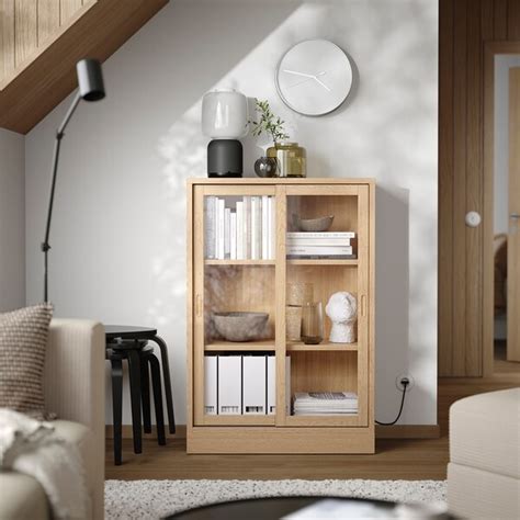 Tonstad Cabinet With Sliding Glass Doors Oak Veneer 82x37x120 Cm Ikea