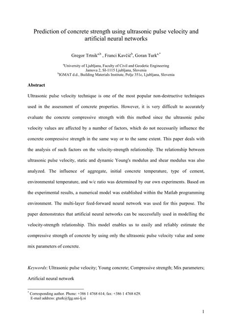 pdf prediction of concrete strength using ultrasonic pulse velocity and artificial neural networks