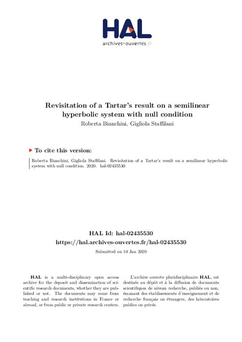 Pdf Revisitation Of A Tartars Result On A Semilinear Hyperbolic System With Null Condition