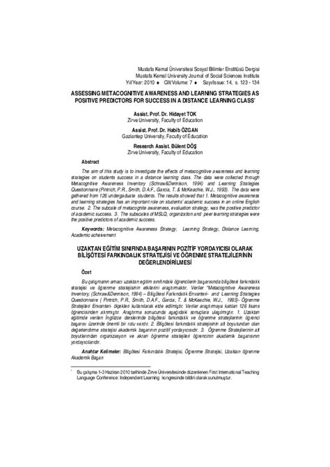 Pdf Assessing Metacognitive Awareness And Learning Strategies As Positive Predictors For