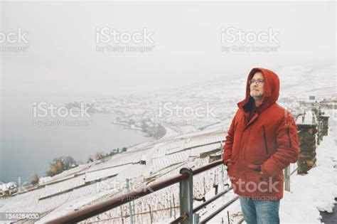 눈 덮인 포도야드의 겨울 풍경을 즐기는 중년 남자의 야외 초상화 겨울에 대한 스톡 사진 및 기타 이미지 겨울 눈 냉동상태의 물 포도밭 Istock