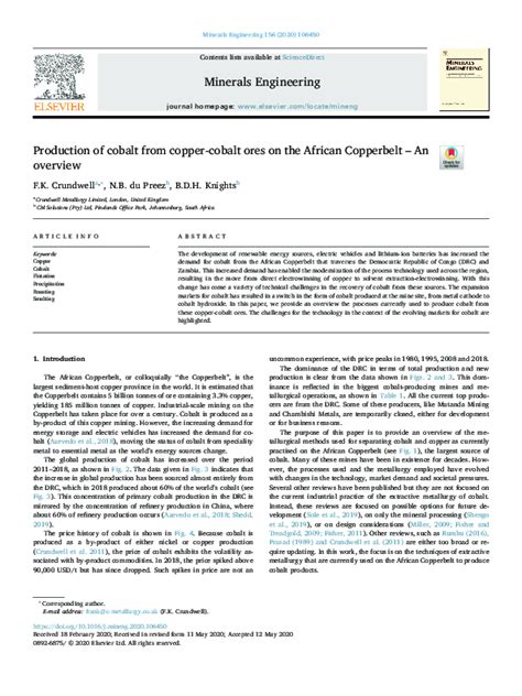 Pdf Production Of Cobalt From Copper Cobalt Ores On The African