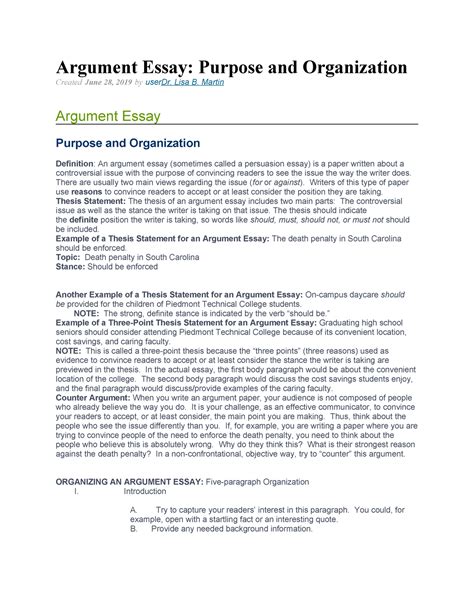 Format Argument Essay1 2 Argument Essay Purpose And Organization