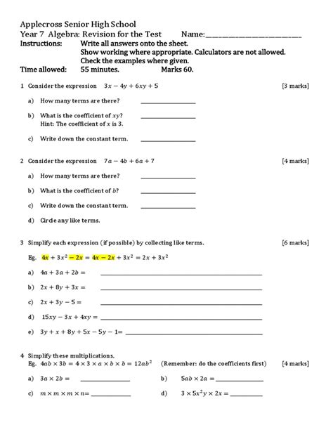 Practice Algebra Test Pdf Elementary Mathematics Abstract Algebra