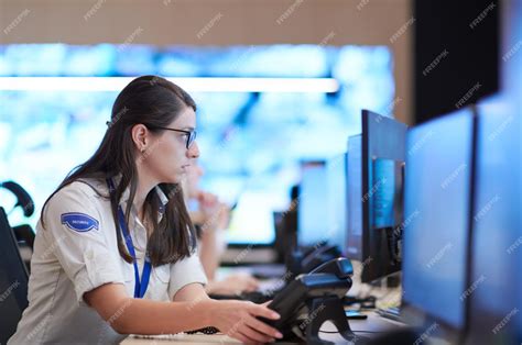 Premium Photo Female Security Operator Working In A Data System Control Room Offices Technical