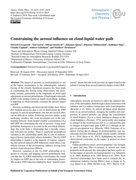Pdf Constraining The Aerosol Influence On Cloud Liquid Water Path