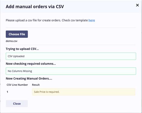 sales add manual order using csv file sales value validation