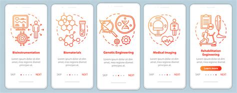 생명 공학 온보딩 모바일 앱 페이지 화면 벡터 템플릿 의료 영상 선형 일러스트레이션이 있는 웹 사이트 연습 단계입니다 생체 계측 Ux Ui Gui 스마트폰 인터페이스 컨셉