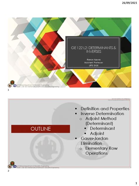 ge 122 lec2 determinants inverses handouts pdf determinant matrix