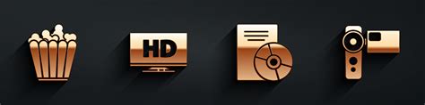 상자에 팝콘을 설정 Hd 비디오와 스마트 디스플레이 Cd 또는 Dvd 디스크와 긴 그림자와 시네마 카메라 아이콘 벡터 아이콘