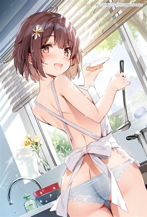 Miyase Mahiro Original Girl D Apron Ass Back Blue Panties Bowl Breasts Brown Eyes