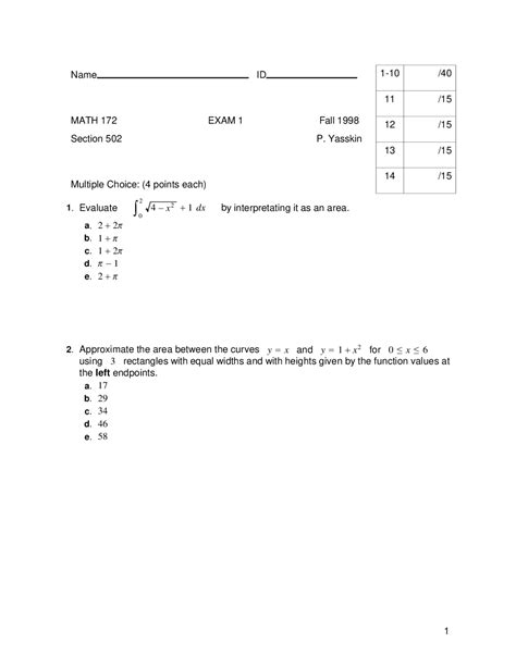 14 multiple choice questions of calculus exam 1 math 172 docsity