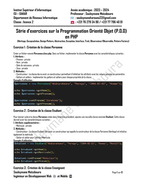 série d exercices sur la programmation orientée objet en php l2