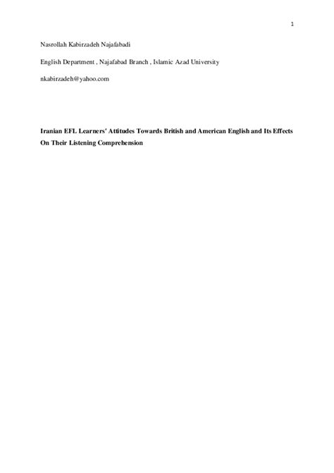 Doc Iranian Efl Learners Attitudes Towards British And American English And Its Effects On