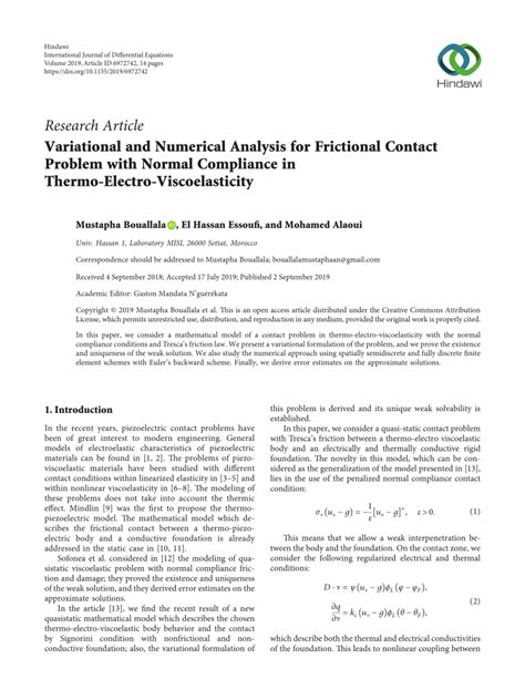 pdf variational and numerical analysis for frictional contact problem