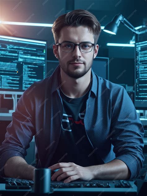 Premium Photo A Portrait Of Male Programmer In Office Many Computers