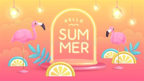 Hello Summer Poster with 3D Plastic Tropic Fruits, Leaves, Flamingo and Neon Text. Summer ...