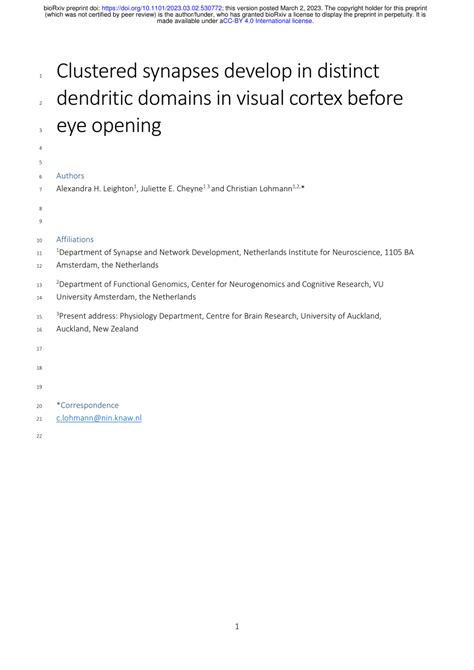 Pdf Clustered Synapses Develop In Distinct Dendritic Domains In Visual Cortex Before Eye Opening