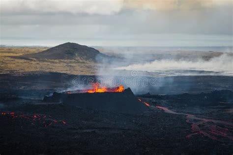 Volcano In Eruption Red Hot Magma Boiling In Crater Aerial Side View