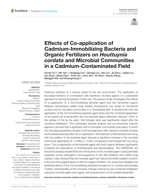 (PDF) Effects of Co-application of Cadmium-Immobilizing Bacteria and Organic Fertilizers on ...