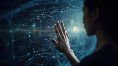 Big Data Concept Digital Neural Network Business Woman Hand Touching
