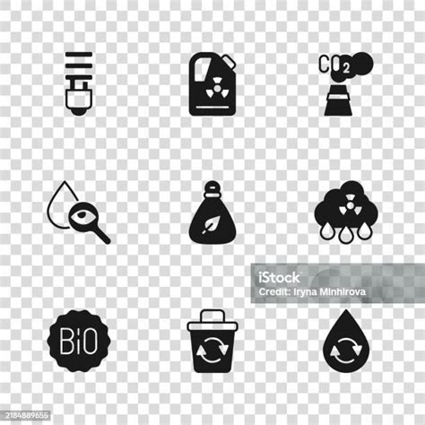 휴지통 산성비 방사능 구름 깨끗한 아쿠아 쓰레기 봉투 Co2 배출량 Led 전구 방사성 폐기물 통 및 드롭 및 돋보기 아이콘을 설정합니다 벡터 0명에 대한 스톡 벡터 아트