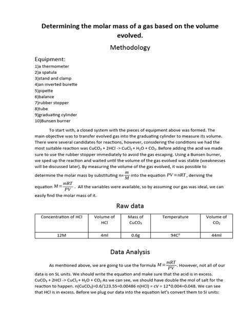 Determining The Molar Mass Of A Gas Based On The Volume Evolved Pdf