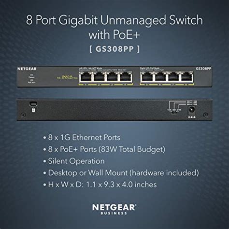 NETGEAR 8 Port Gigabit Ethernet Unmanaged PoE Switch GS308PP With 8 X PoE 83W Desktop