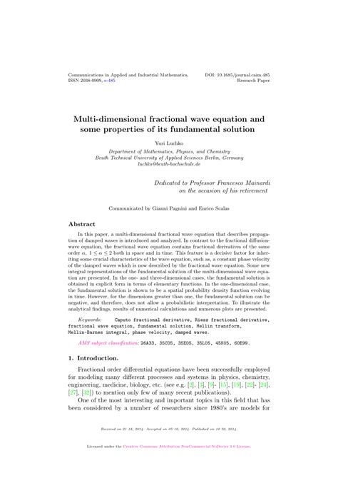 Pdf Multi Dimensional Fractional Wave Equation And Some Properties Of