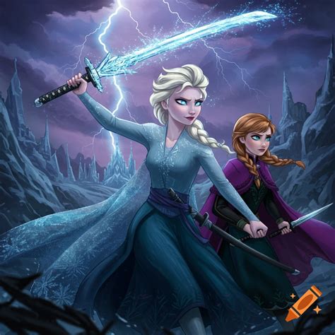 Elsa From Frozen Stands In A Snowy Forest At Night Casting Ice Magic