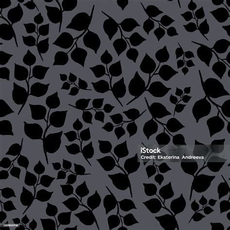 잎의 원활한 패턴 회색 배경에 격리 된 수채화 검은 잎이 많은 나뭇 가지 손으로 그린 둥근 뾰족한 단풍 포장지 섬유 벽지 및 배경에 적합합니다 0명에 대한 스톡 벡터 아트