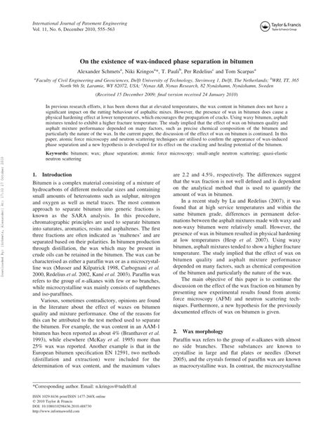 Pdf On The Existence Of Wax Induced Phase Separation In Bitumen