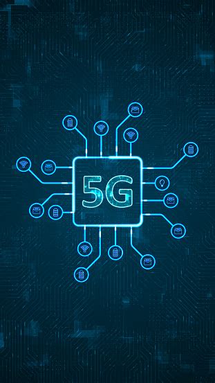 파란색 디지털 5g 로고와 기술 아이콘이 있는 미래형 Hud 기술 회로 기판 및 연결 생성과 함께 추상적인 배경에 데이터 전송