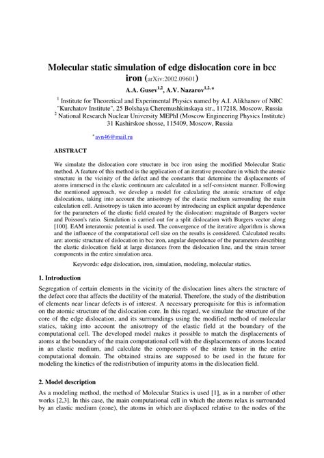 Pdf Molecular Static Simulation Of Edge Dislocation Core In Bcc Iron