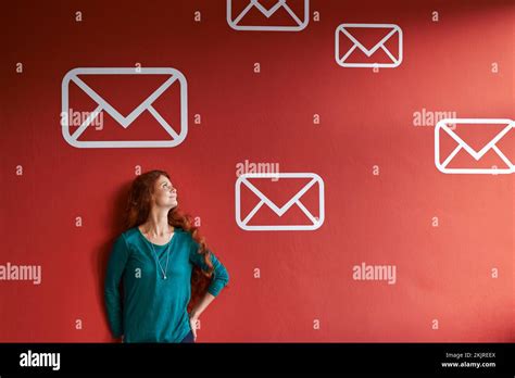 Youve Got Mail A Young Woman Surrounded By Messaging Graphics On A Red
