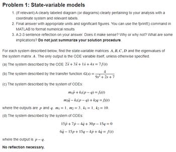 Answered Problem 1 State Variable Models 1 If Relevant A Clearly Labeled Diagram Or