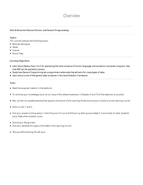 Cs1103 Learning Guide Unit 4 Overview Unit 4 Recursive Descent Parsers And Generic