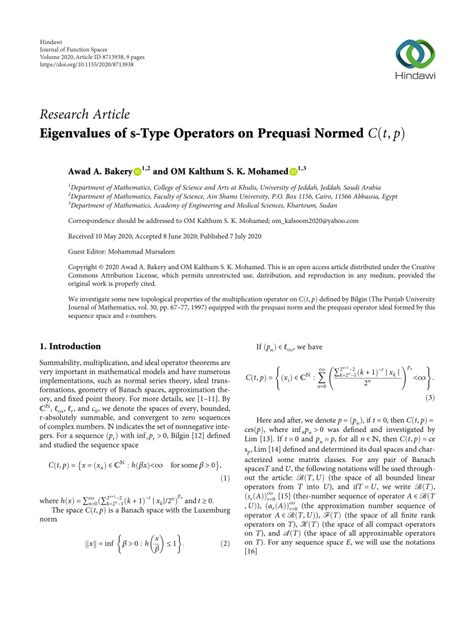 Pdf Eigenvalues Of S Type Operators On Prequasi Normed C T P