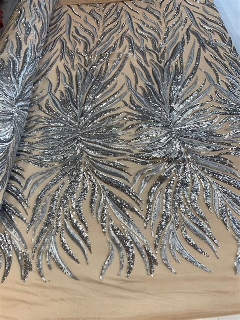 Silver Bridal Spandex Nude Mesh Lace Sequins Stretch Fabric Etsy