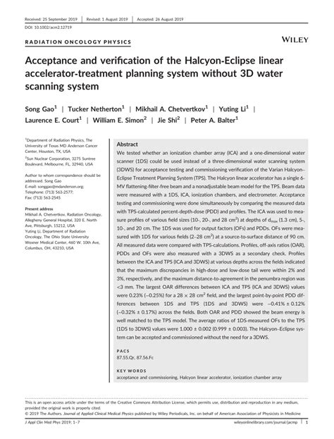 Pdf Acceptance And Verification Of The Halcyon‐eclipse Linear Accelerator‐treatment Planning